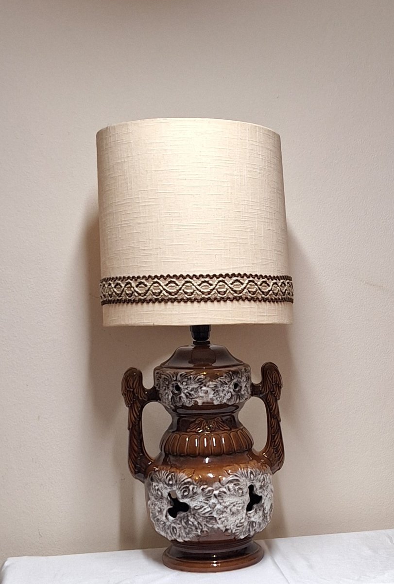German Table Lamp with Internally Illuminated Brown Fat Lava Ceramic ...