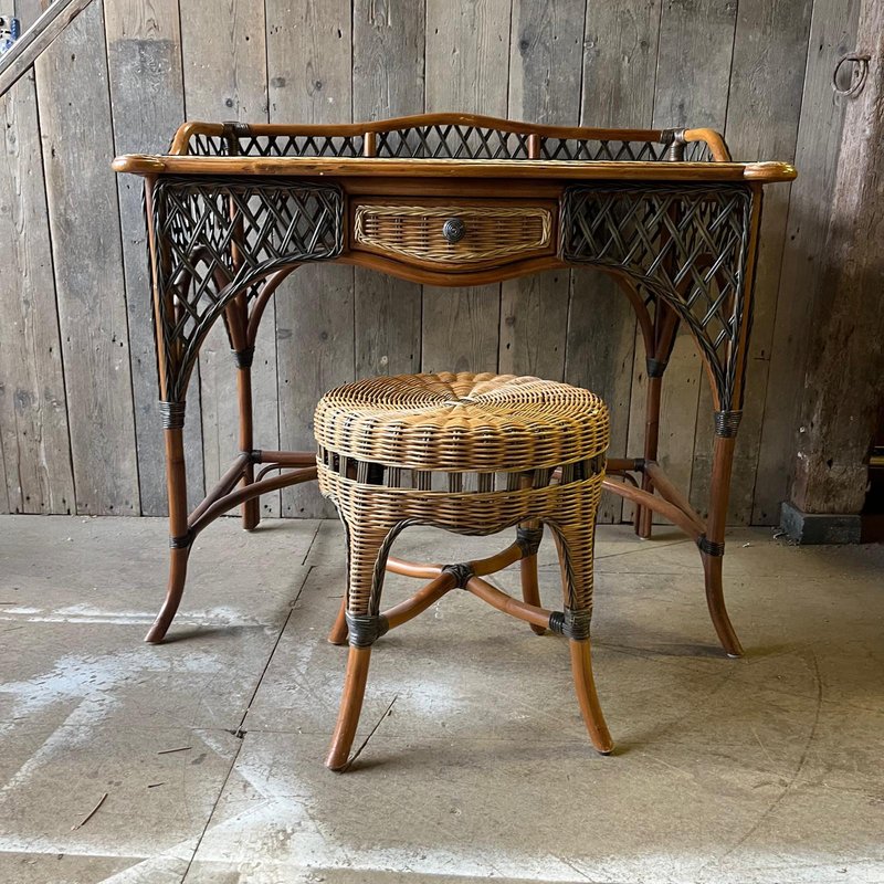 Vintage Wicker Dressing Table with Glass Top and Stool, Set of 2 for ...