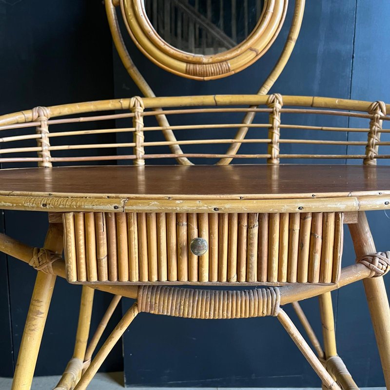 French Dressing Table with Round Mirror in Bamboo for sale at Pamono