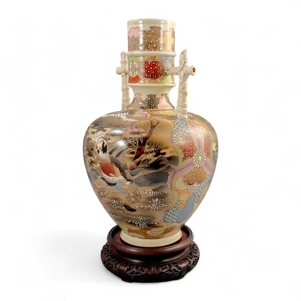 Large Meiji Satsuma Samurai Vase with Bamboo Handles by Kinkozan, 1870s ...