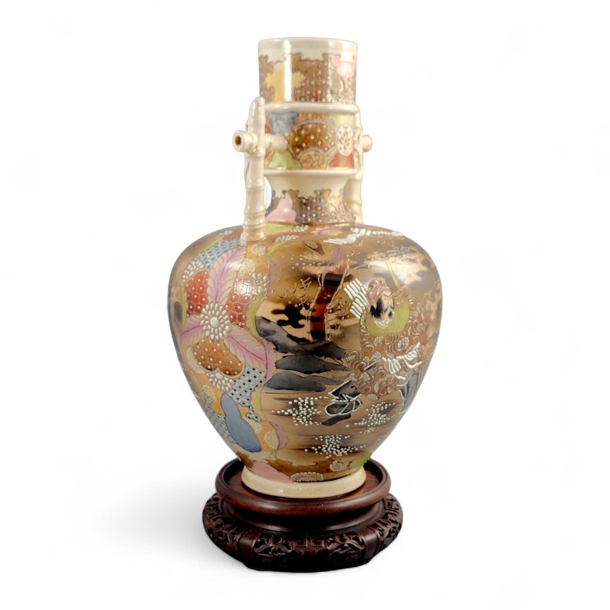 Large Meiji Satsuma Samurai Vase with Bamboo Handles by Kinkozan, 1870s ...