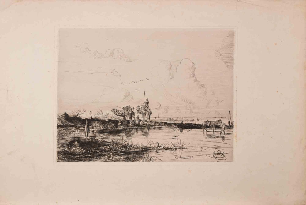 Edouard Dufeu, Le Borde du Nil, Etching, 1864 for sale at Pamono