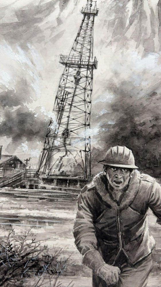Charles Burki, Oil Rig Disaster Scene, 1974, Gouache & Ink Drawing for ...
