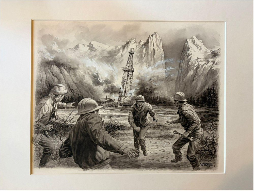 Charles Burki, Oil Rig Disaster Scene, 1974, Gouache & Ink Drawing for ...