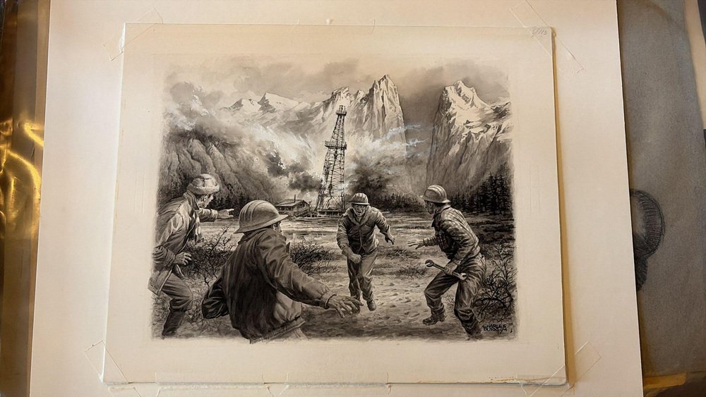 Charles Burki, Oil Rig Disaster Scene, 1974, Gouache & Ink Drawing for ...