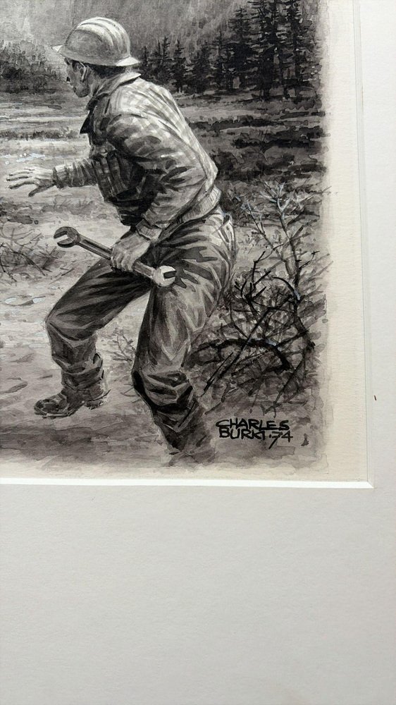 Charles Burki, Oil Rig Disaster Scene, 1974, Gouache & Ink Drawing for ...