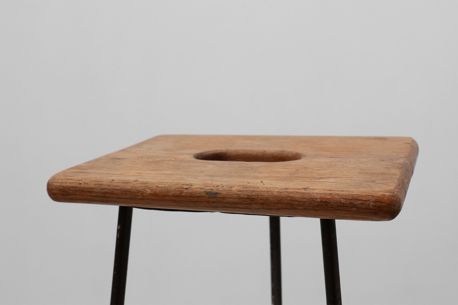 Modernist Industrial Iron and Oak Split Slats Stool, France, 1960s for ...