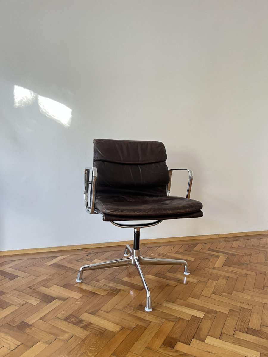 EA 208 Soft Pad Chair in Dark Brown Leather by Charles & Ray Eames for ...