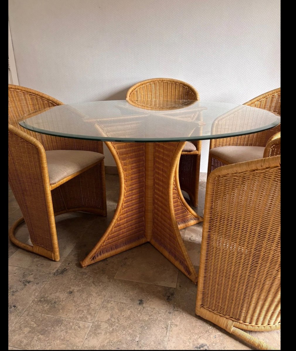 Wicker Rattan Table with Glass Top, 1980s for sale at Pamono