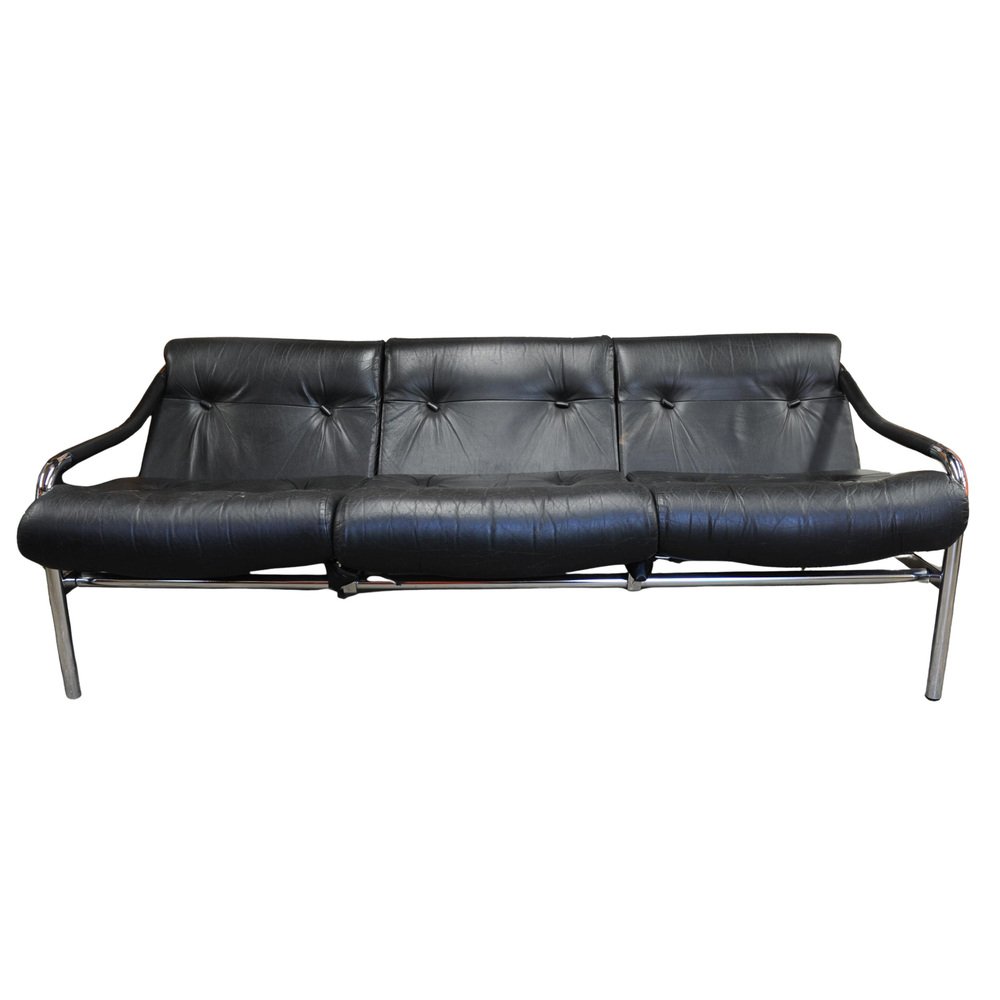 Vintage Pieff Kadia Three-Seater Sofa in Black Leather and Chrome by ...