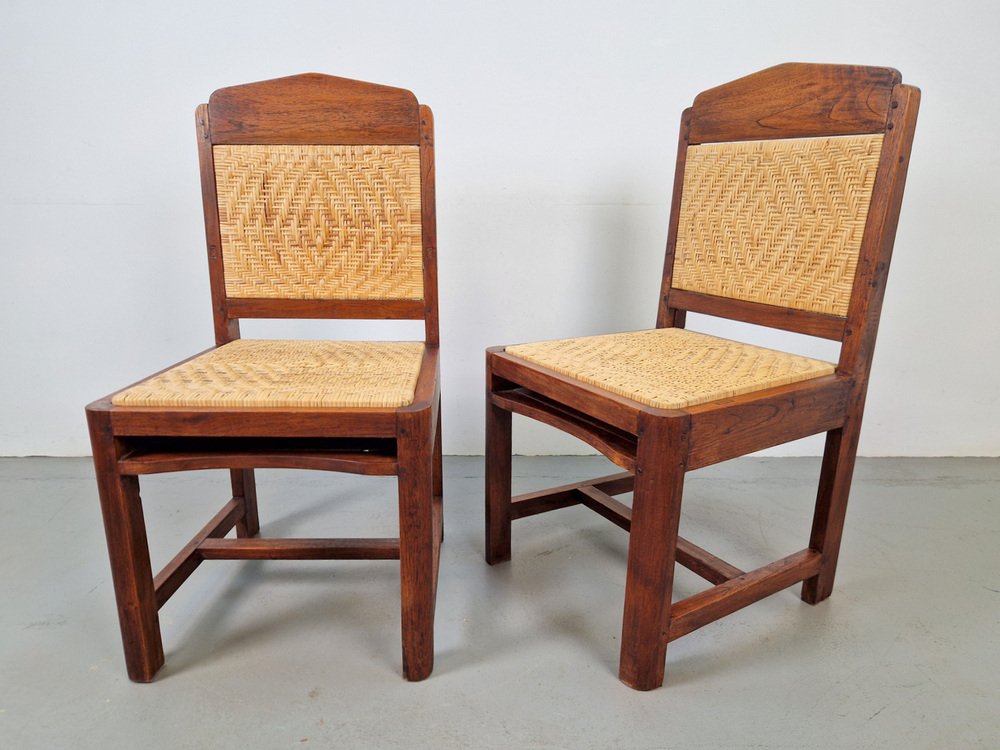 Dutch Art Deco Haagse School Oak and Rattan Webbing Chairs, 1930s, Set ...