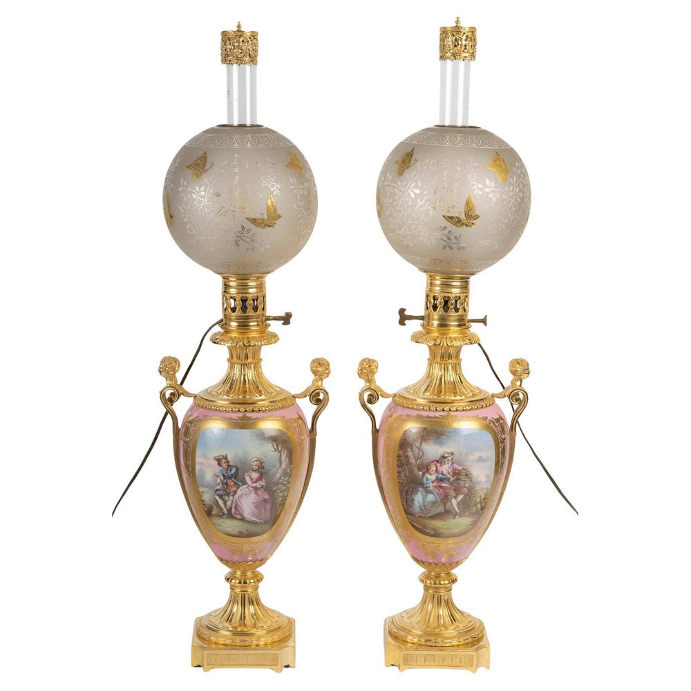 Napoleon III Gilt Bronze and Porcelain Oil Lamps, Set of 2 for sale at ...