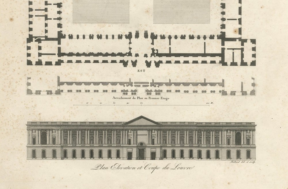 Engraved Map of Elevation and Section of the Louvre, 1799 for sale at ...