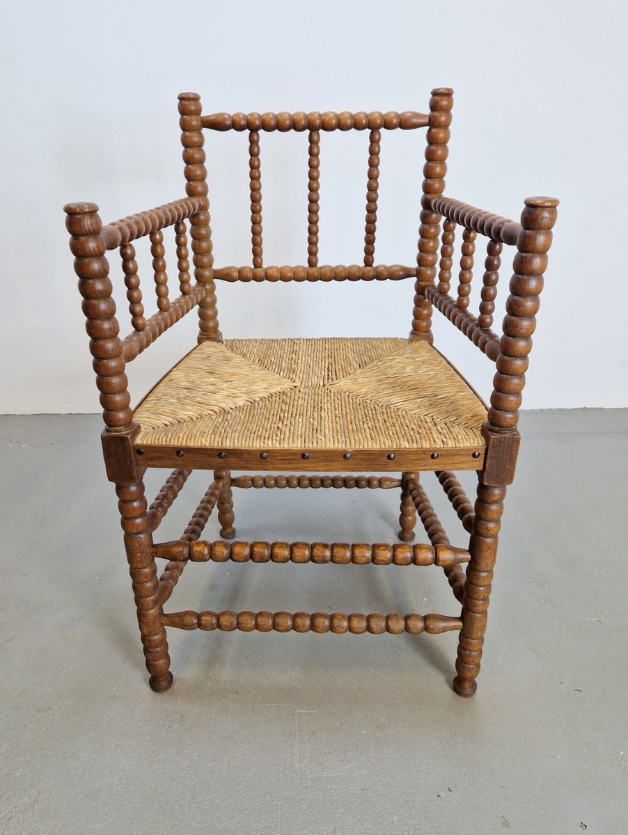 Mid-Century Arts and Craft Oak Bobbin Chair with Rush Seat, 1930s for ...