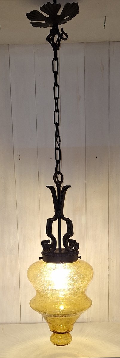 Rustic German Pendant Lamp in Black Wrought Iron Frame, 1970s for sale ...