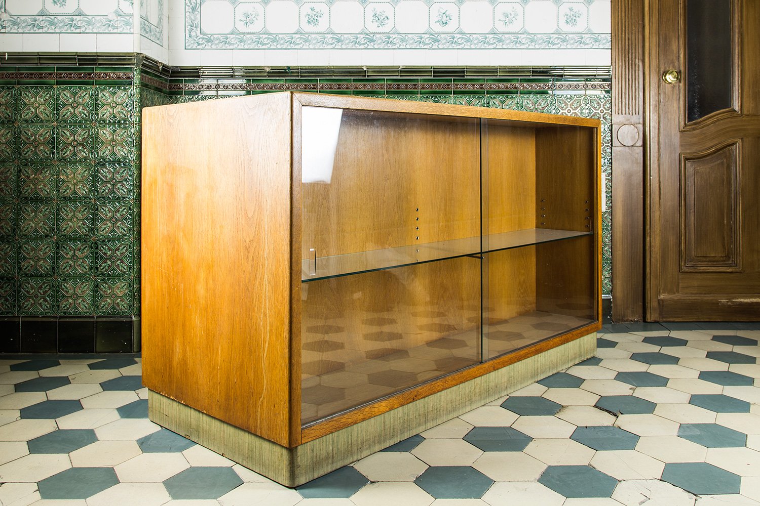 Mid-Century Shop Counter with Glass Display Case and Rear Drawer Units ...
