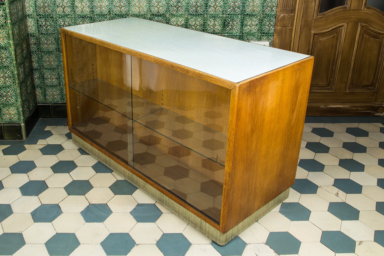 Mid-Century Shop Counter with Glass Display Case and Rear Drawer Units ...