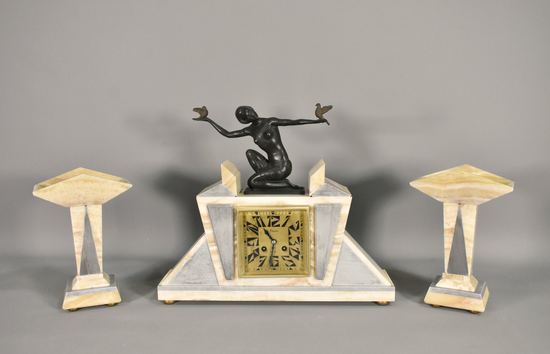 French Art Deco Clock & Garniture by H. Molins-Balleste & Tahou ...