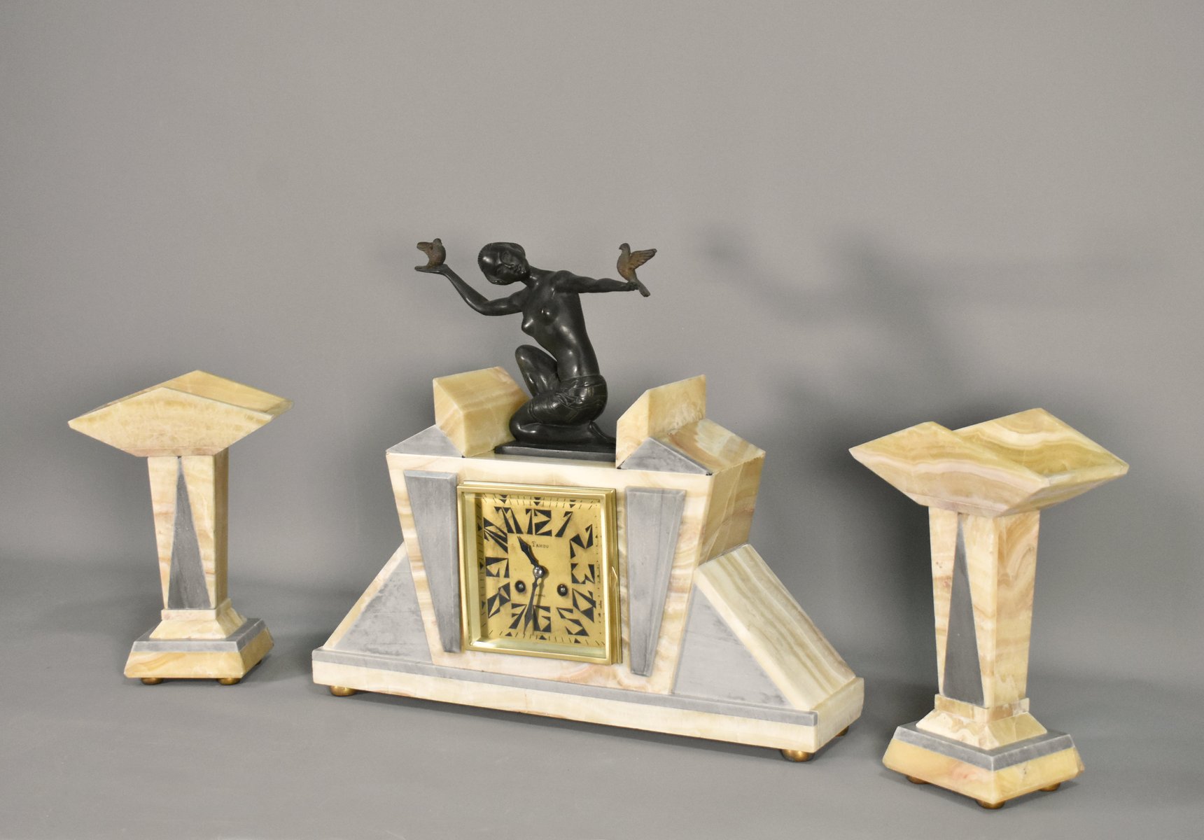 French Art Deco Clock & Garniture by H. Molins-Balleste & Tahou ...