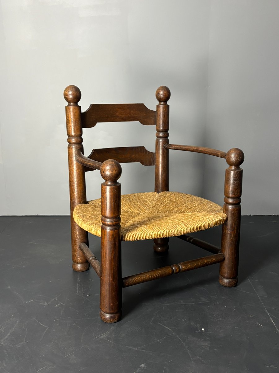 Brutalist French Low Rush Oak Armchair by Charles Dudouyt, 1940s for ...