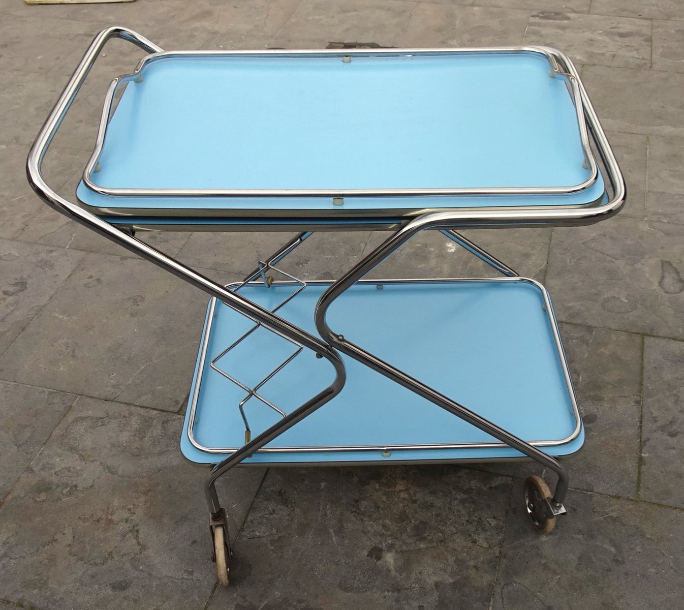 Bleu Formica and Chrome Plated Trolley with Removable Serving Tray from ...