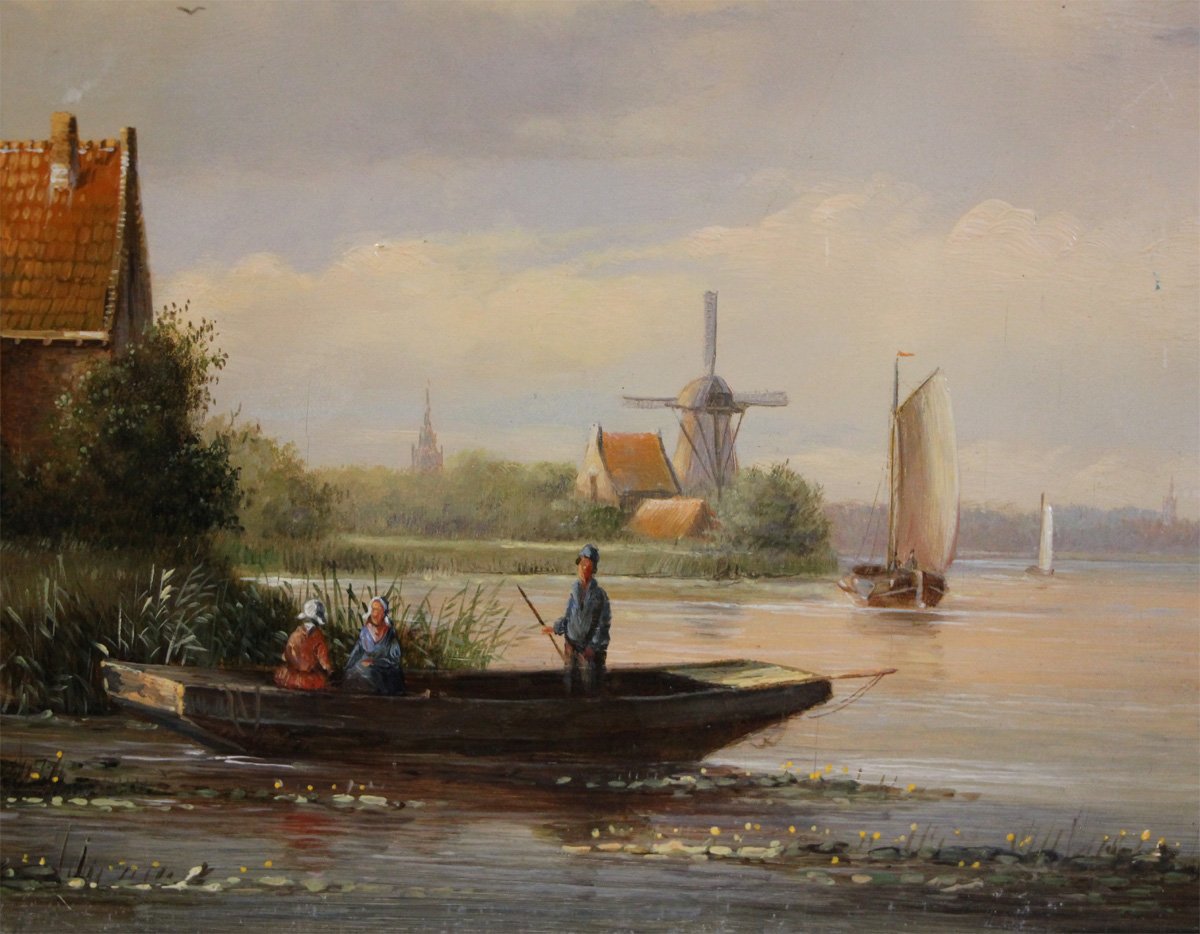 Anton Herkelman, Dutch Village with Boats, 20th Century, Oil on Wood ...
