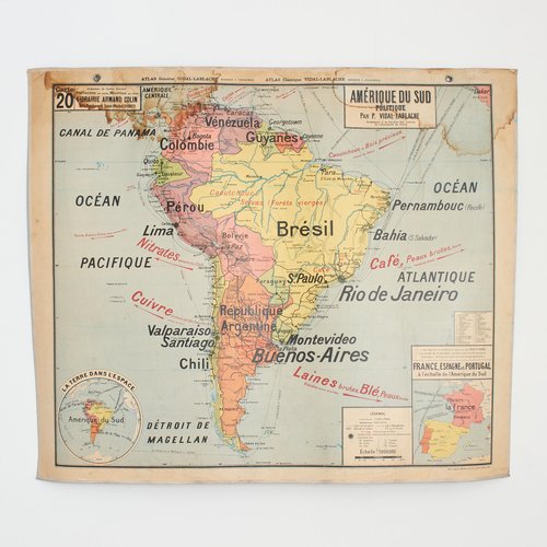 Antique French Wall Map of South America by Vidal Lablache, 1960s for ...