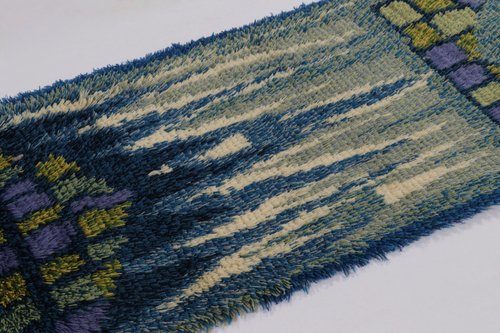 Vintage Swedish Blue Rya Runner with Abstract Shapes for sale at Pamono