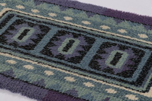 Vintage Swedish Blue Rya Runner with Medallions for sale at Pamono