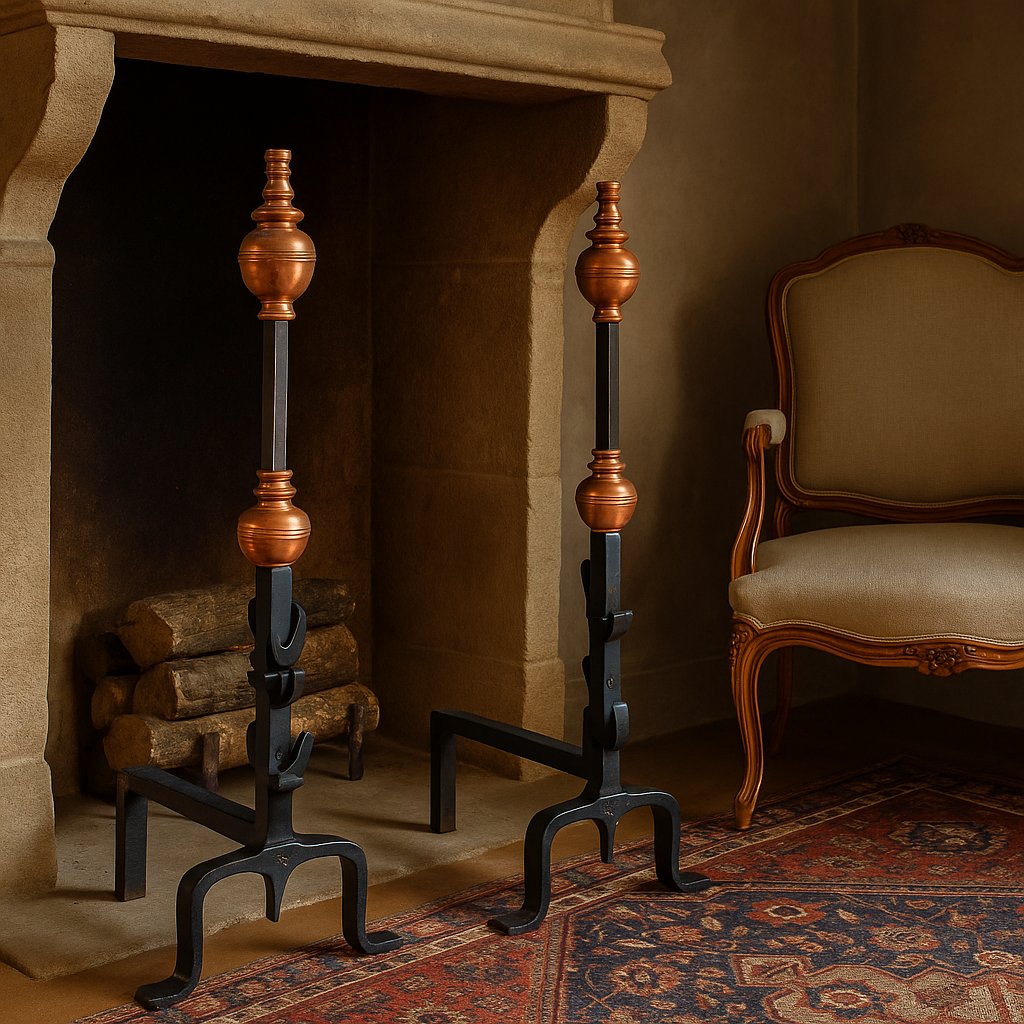 Château Andirons Monogrammed Forged Iron and Copper Finials, Set of 2 ...