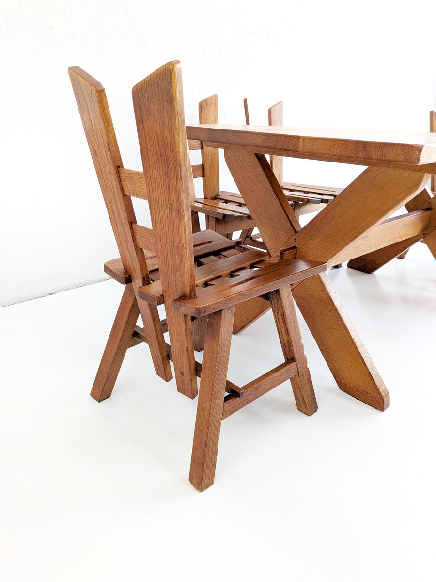 Vintage Brutalist Dining Set in Oak, 1970s, Set of 5 for sale at Pamono