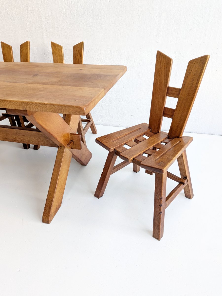 Vintage Brutalist Dining Set in Oak, 1970s, Set of 5 for sale at Pamono