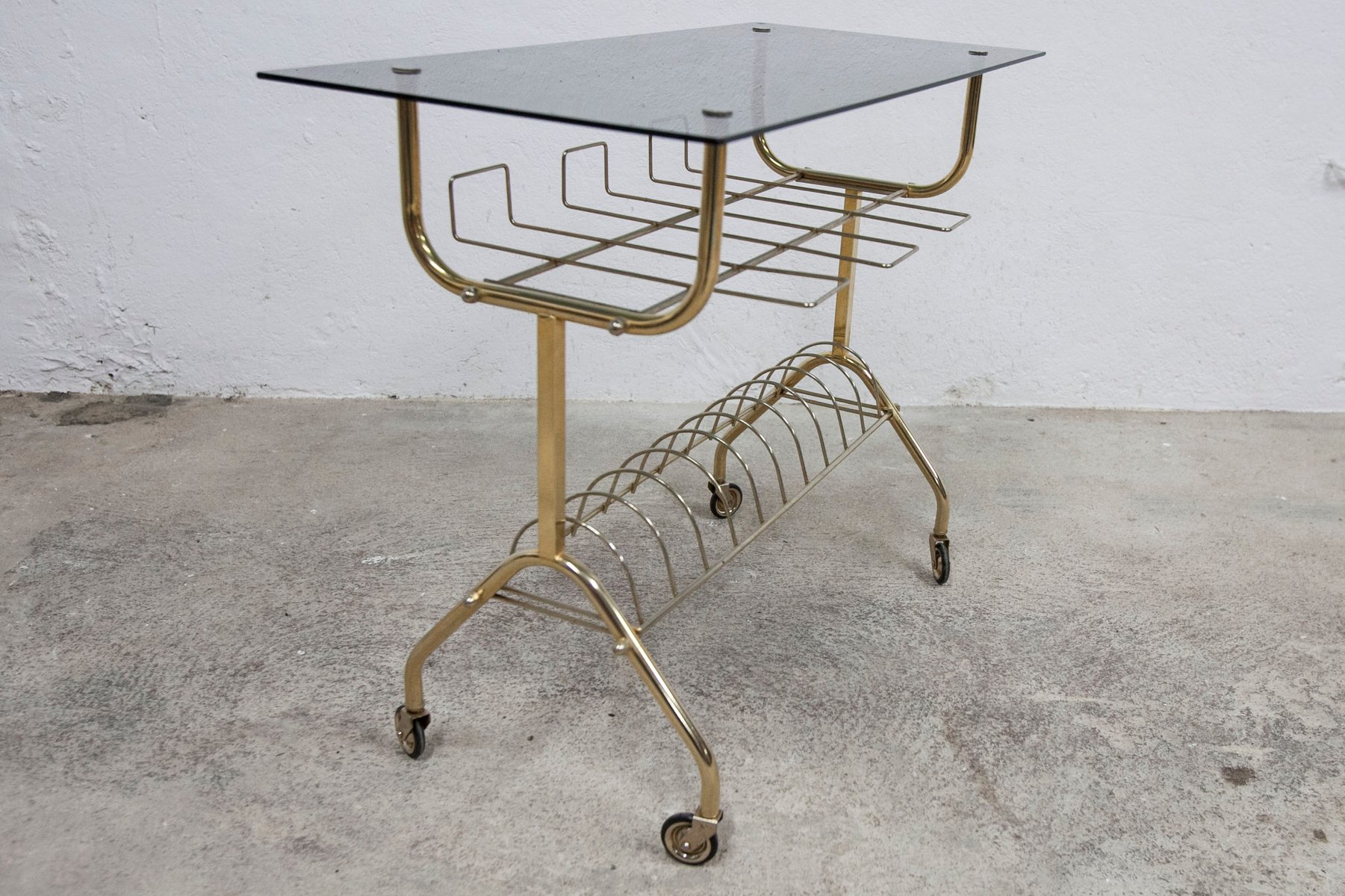 Rolling Record Storage Cart with Smoked Glass Top, 1970s for sale at Pamono
