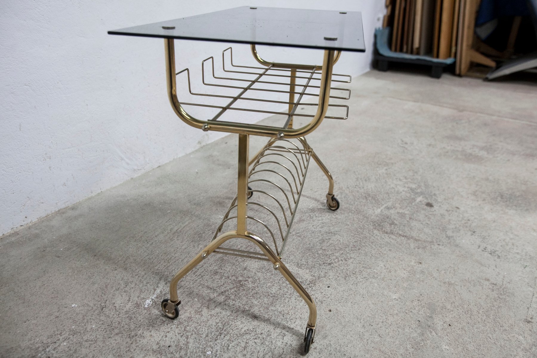 Rolling Record Storage Cart with Smoked Glass Top, 1970s for sale at Pamono
