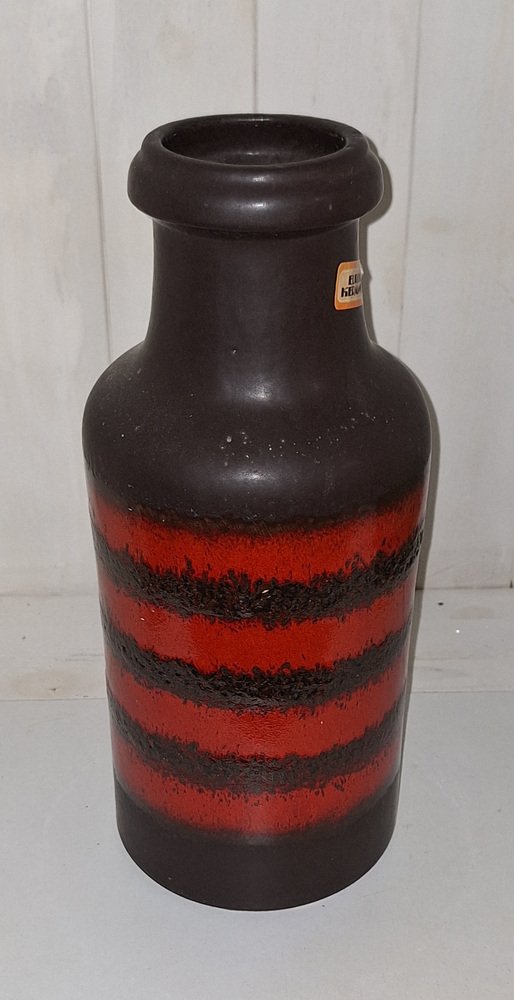 Vintage Ceramic Handled Vase with Brown Glaze and Red Stripes by ...