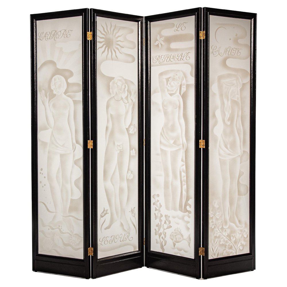 Engraved Glass Folding Screen with Oak Frame by Laurencin, 1937 for ...