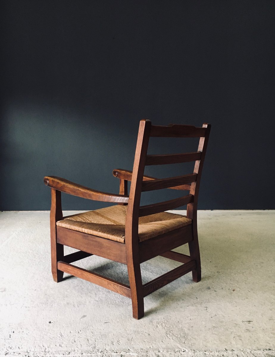 Rustic Oak & Rush Armchair, France, 1930s for sale at Pamono