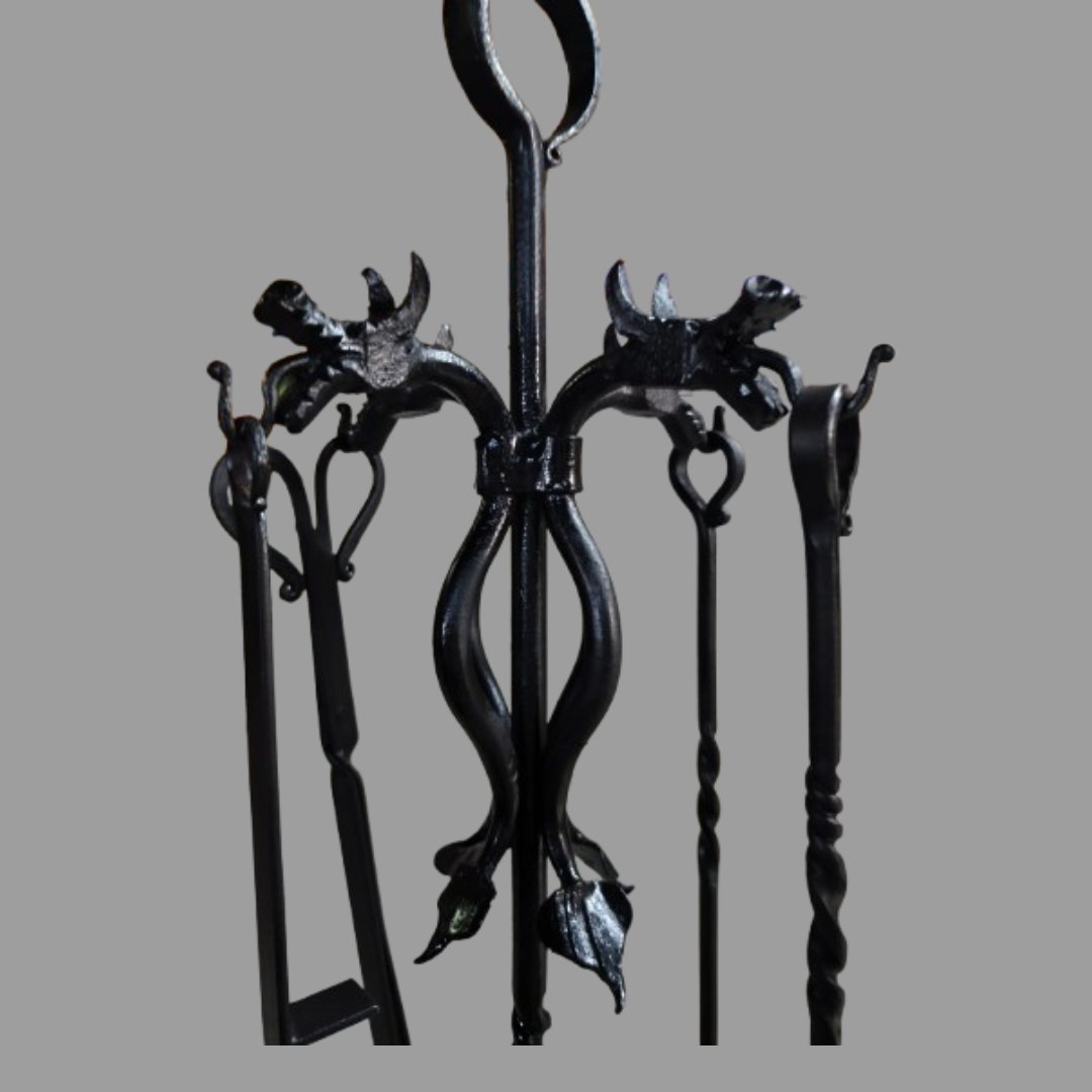 Cast Iron Fireplace Accessory Set with Dragon Head, 1970, Set of 5 for ...