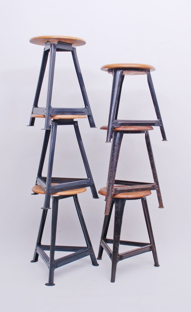Vintage Three-Legged Workshop Stools in Wood and Metal, 1950s, Set of ...