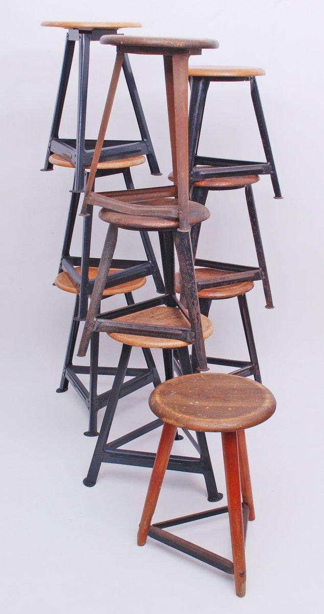 Vintage Three-Legged Workshop Stools in Wood and Metal, 1950s, Set of ...