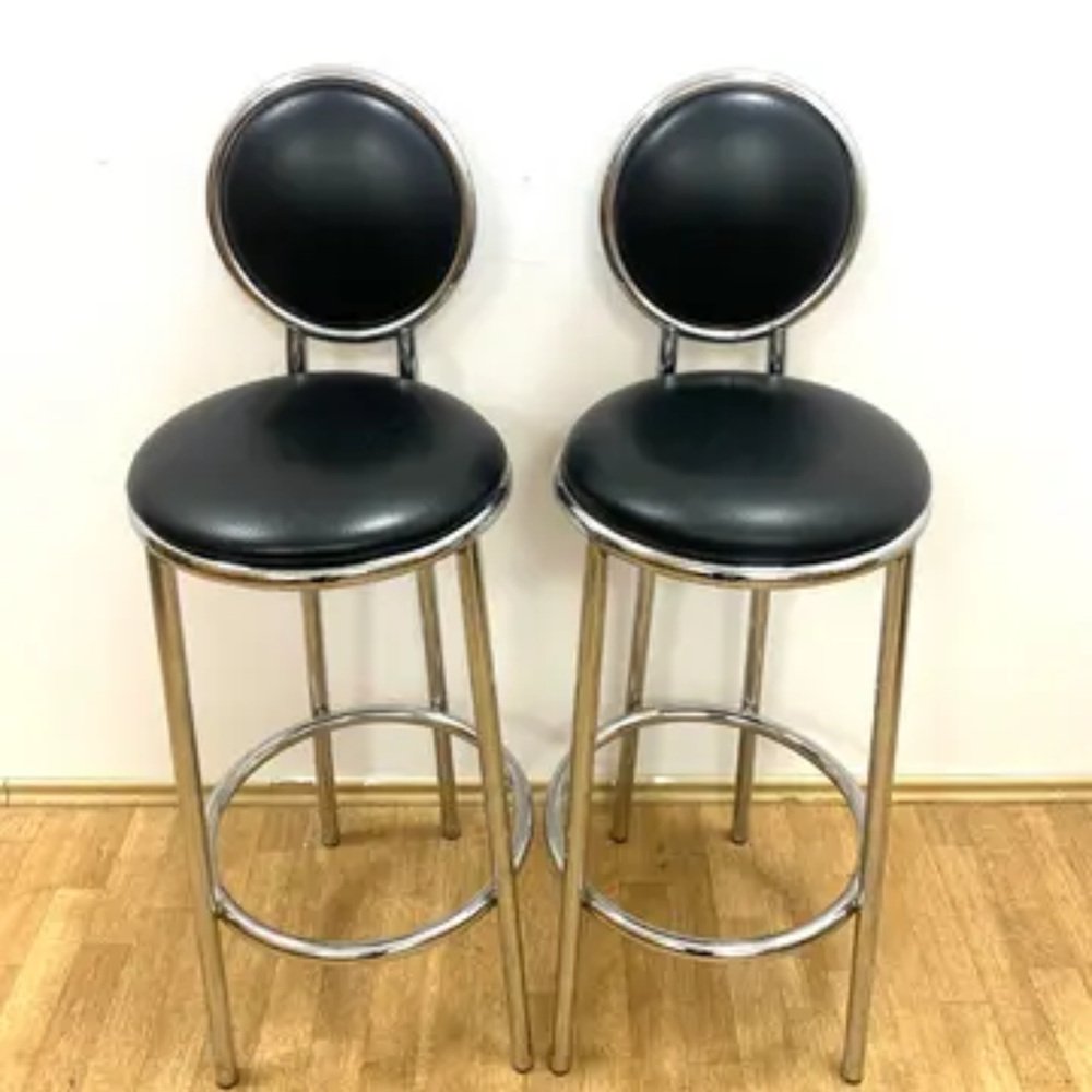 Bar Stools in Chrome and Faux Leather, 1980s, Set of 2 for sale at Pamono