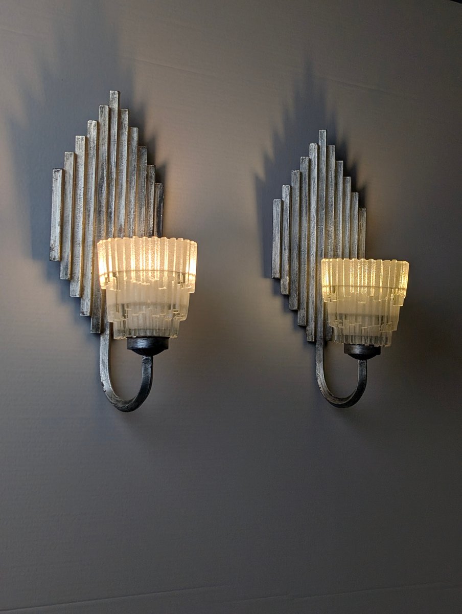 Art Deco Iron and Glass Wall Sconces from Ferro Art, 1970s, Set of 2 ...