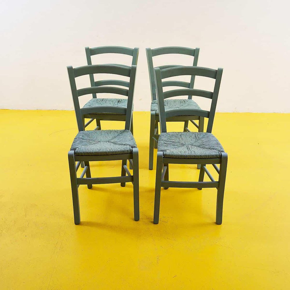 Rustic Wooden Chairs with Straw Seats, Set of 4 for sale at Pamono