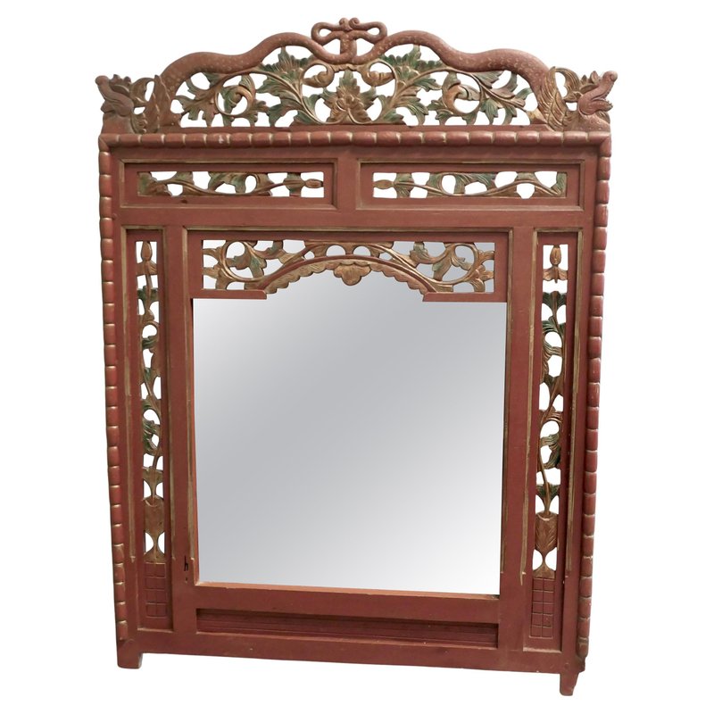 Antique Oriental Painted Red Lacquer Mirror, 1800s for sale at Pamono