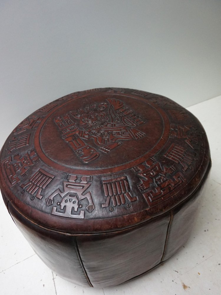 Round Saddle Leather Ottoman with Reliëf Mayan Motifs from Angel ...