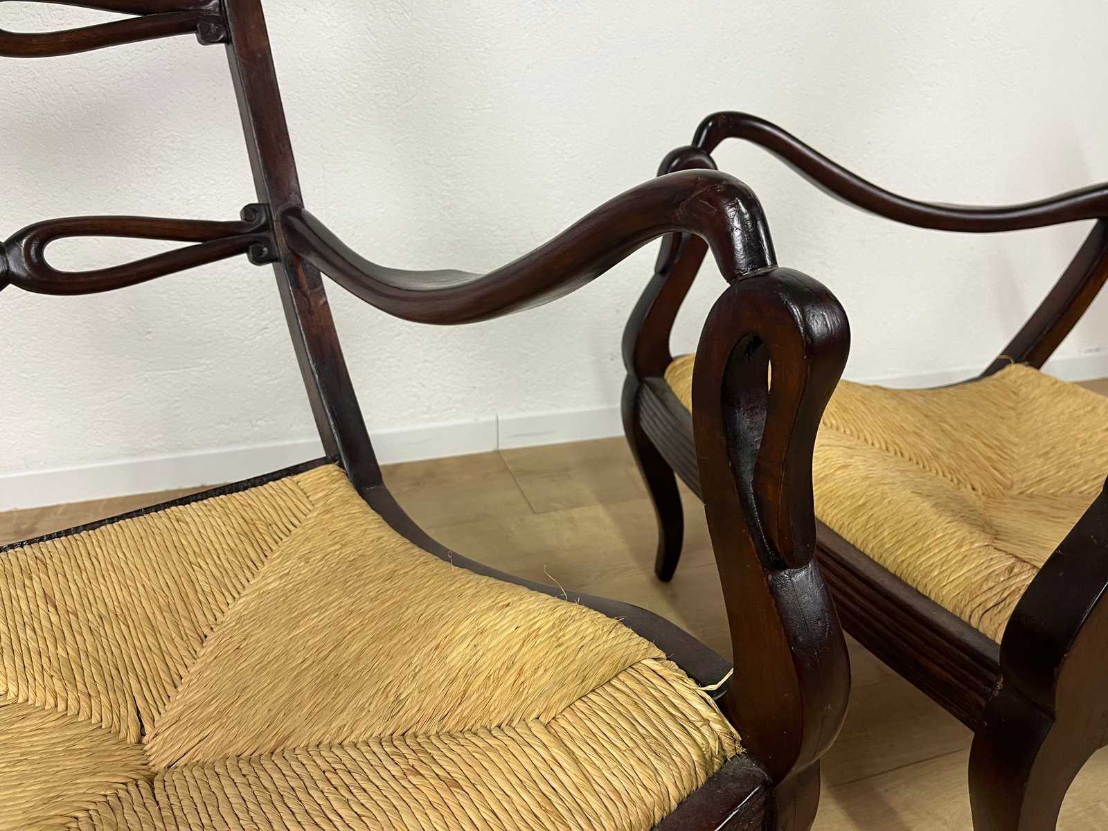 Italian Wooden and Straw Armchairs with Swan Inlays, 1940s, Set of 2 ...