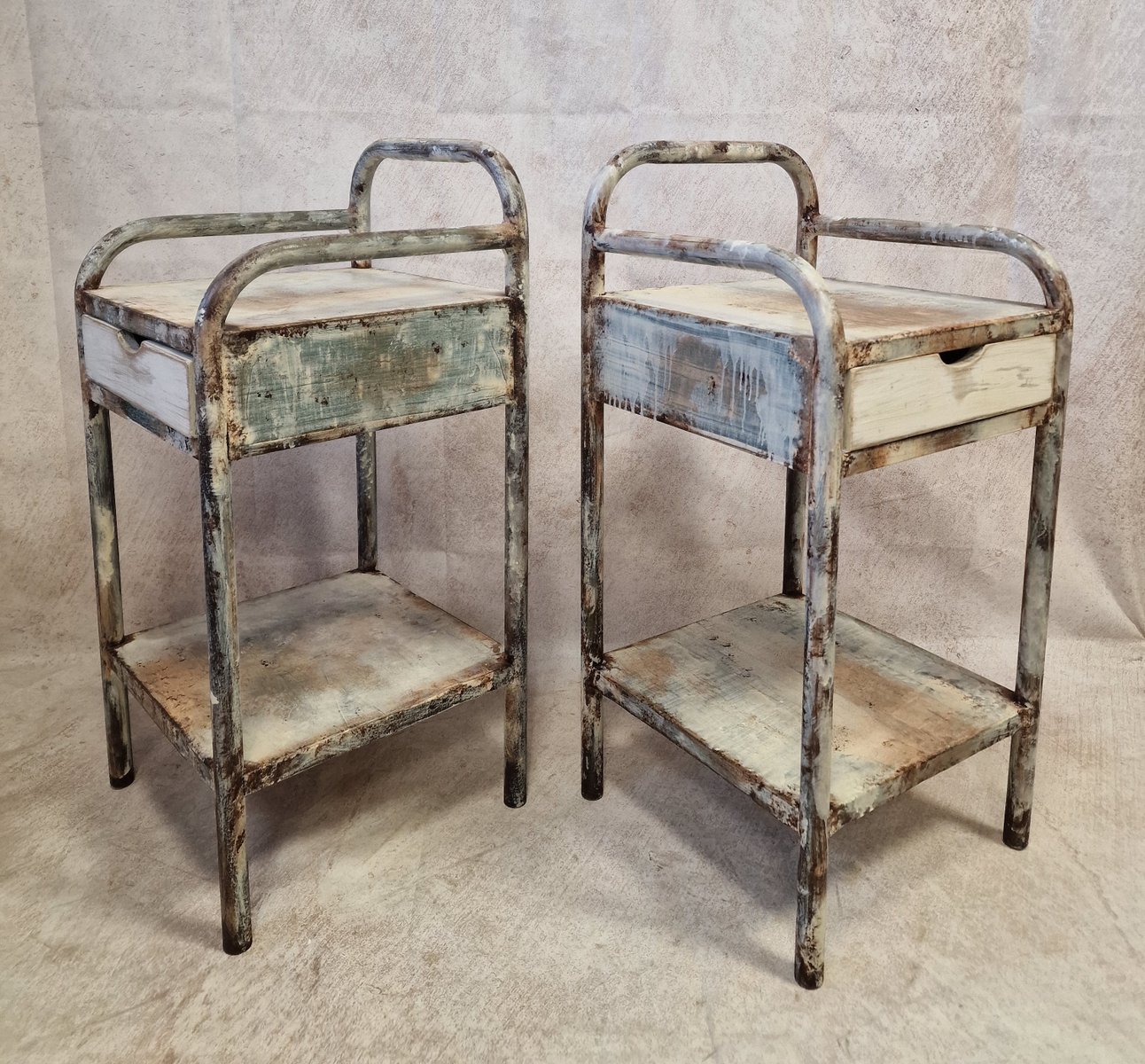 Antique Boarding School Bedside Tables in Patinated Metal, 1950s, Set ...