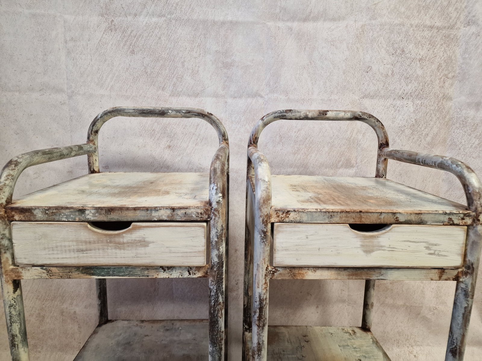 Antique Boarding School Bedside Tables in Patinated Metal, 1950s, Set ...