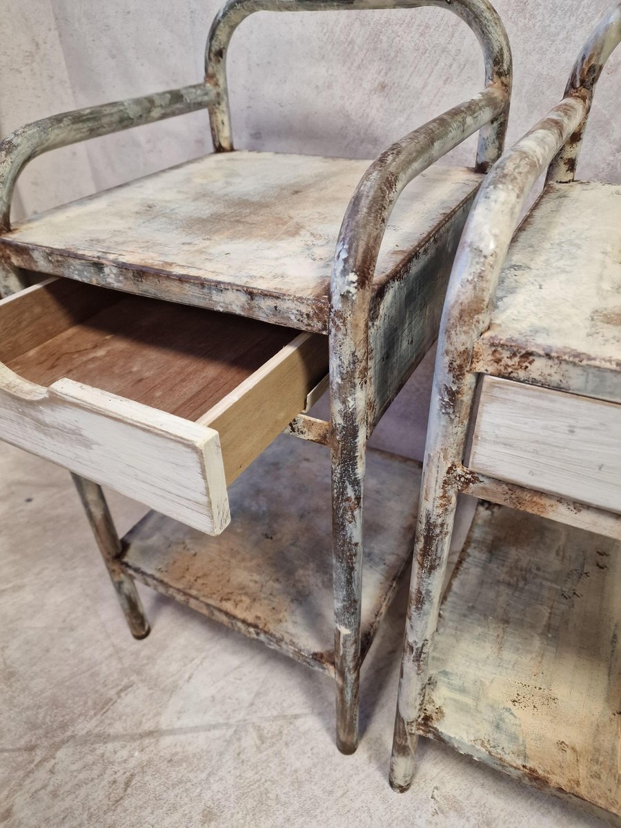 Antique Boarding School Bedside Tables in Patinated Metal, 1950s, Set ...