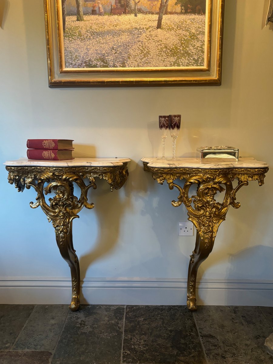 Antique Rococo Console Tables in Giltwood, Set of 2 for sale at Pamono